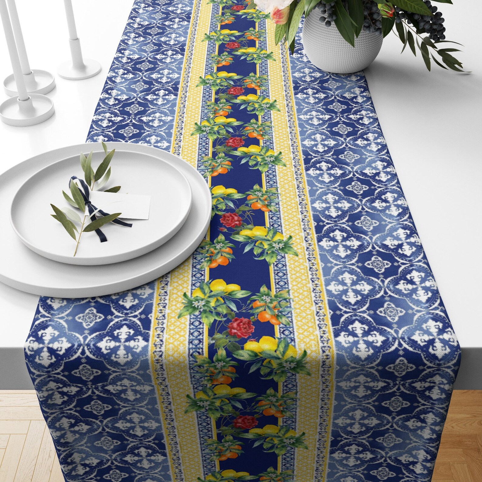 Citrus Blue & Yellow Table Runner Lemon Kitchen Runner - Etsy