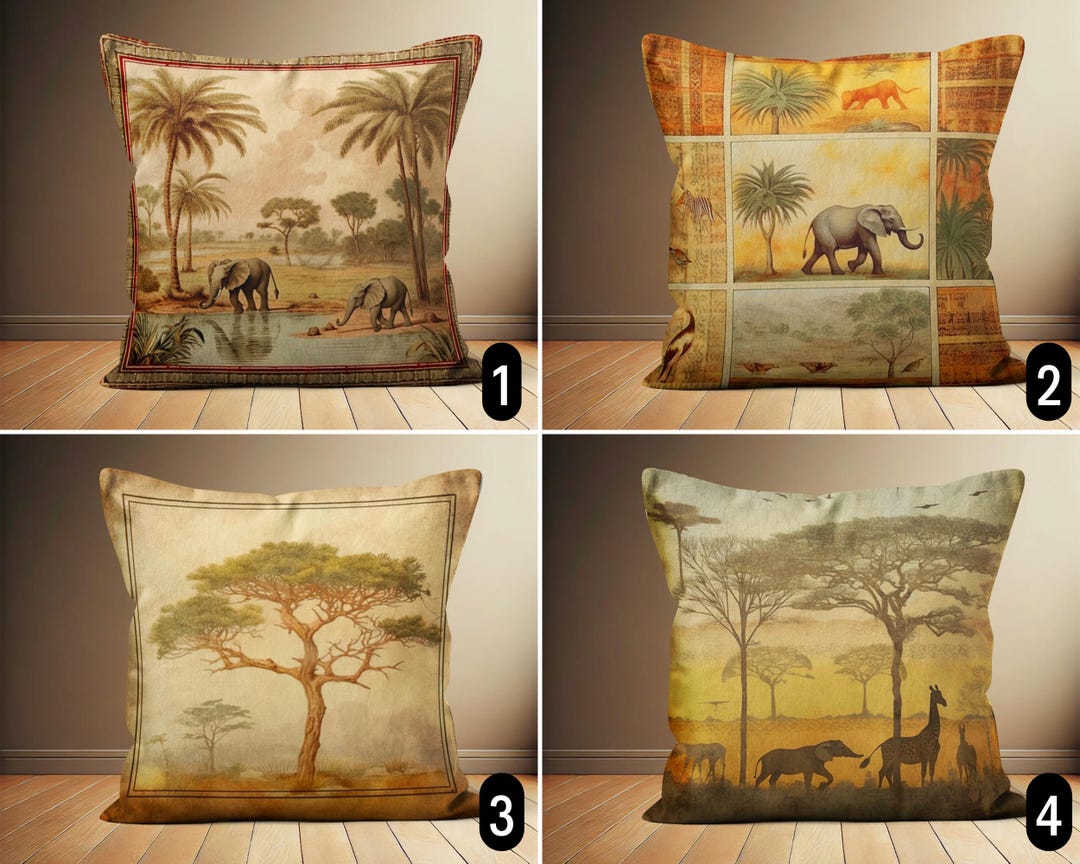 African Savanna Safari Landscape Pillow Cover, Wildlife Scenes Vintage ...