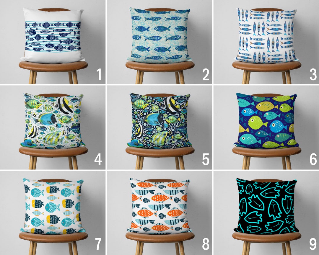 Blue Fish Pillow Cover, Coastal Ocean Pillow Case, Nautical Marine ...