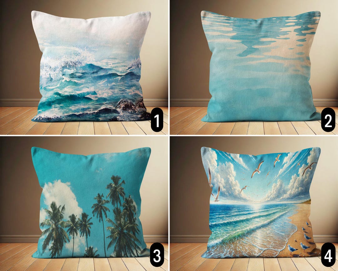 Coastal & Tropical Beach Scene Pillow Cover, Ocean Waves and Sea ...