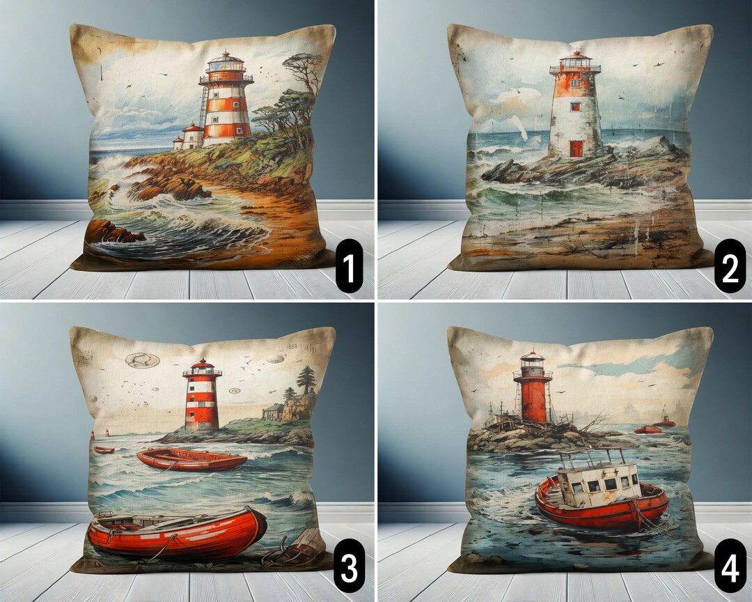 Coastal Lighthouse Scene Pillow Cover, Nautical Ocean Shore Scenery ...