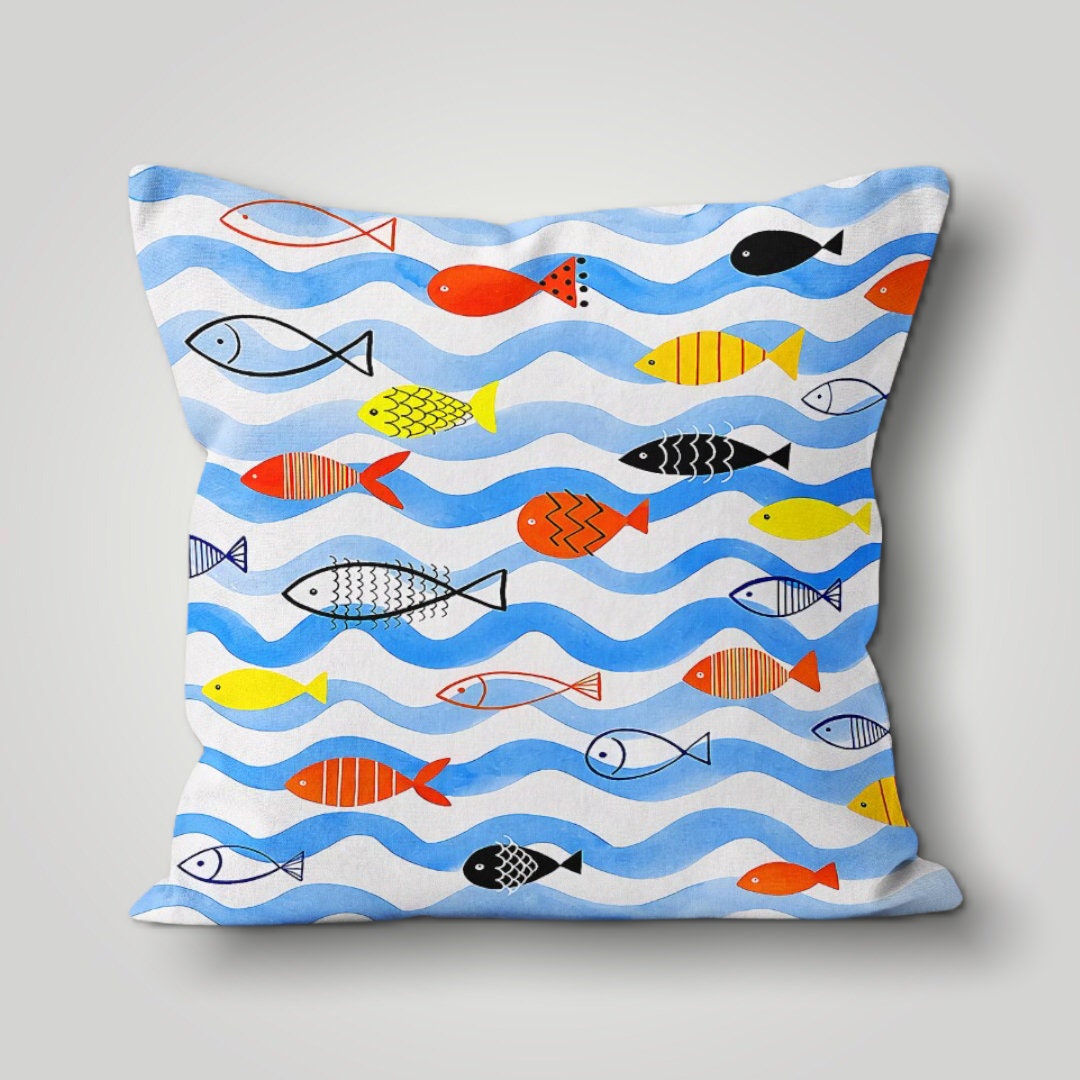 Colorful Fish Pillow Cover Blue Ocean Cushion Cover Nautical - Etsy
