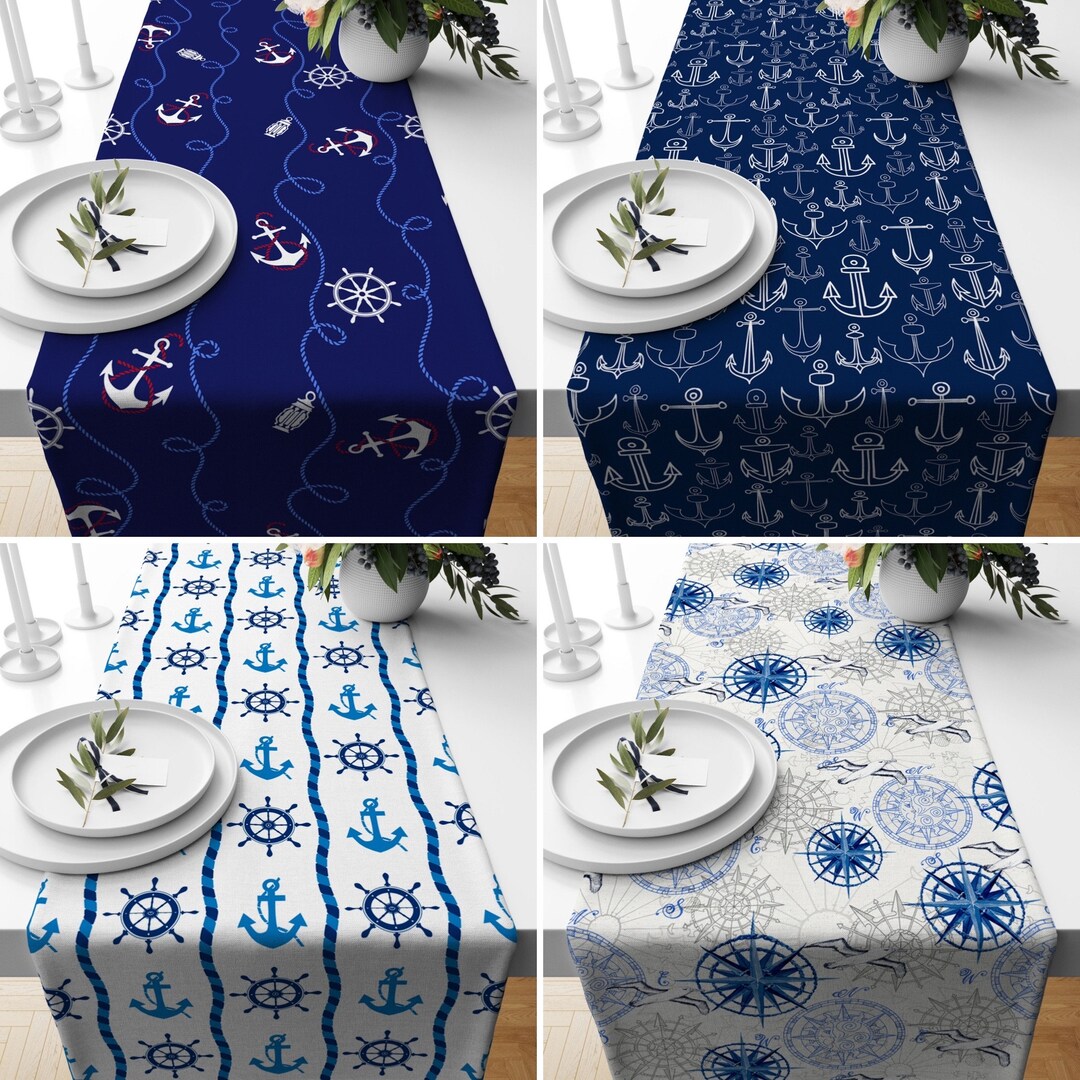 Navy Blue Nautical Table Runner, Anchor Kitchen Runner, Dark Blue ...