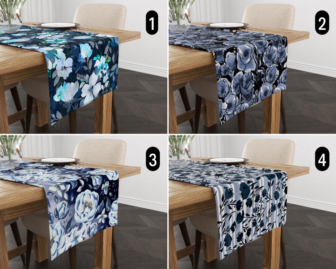 Floral Dark Blue Table Runner, Botanical Watercolor Abstract Flowers ...