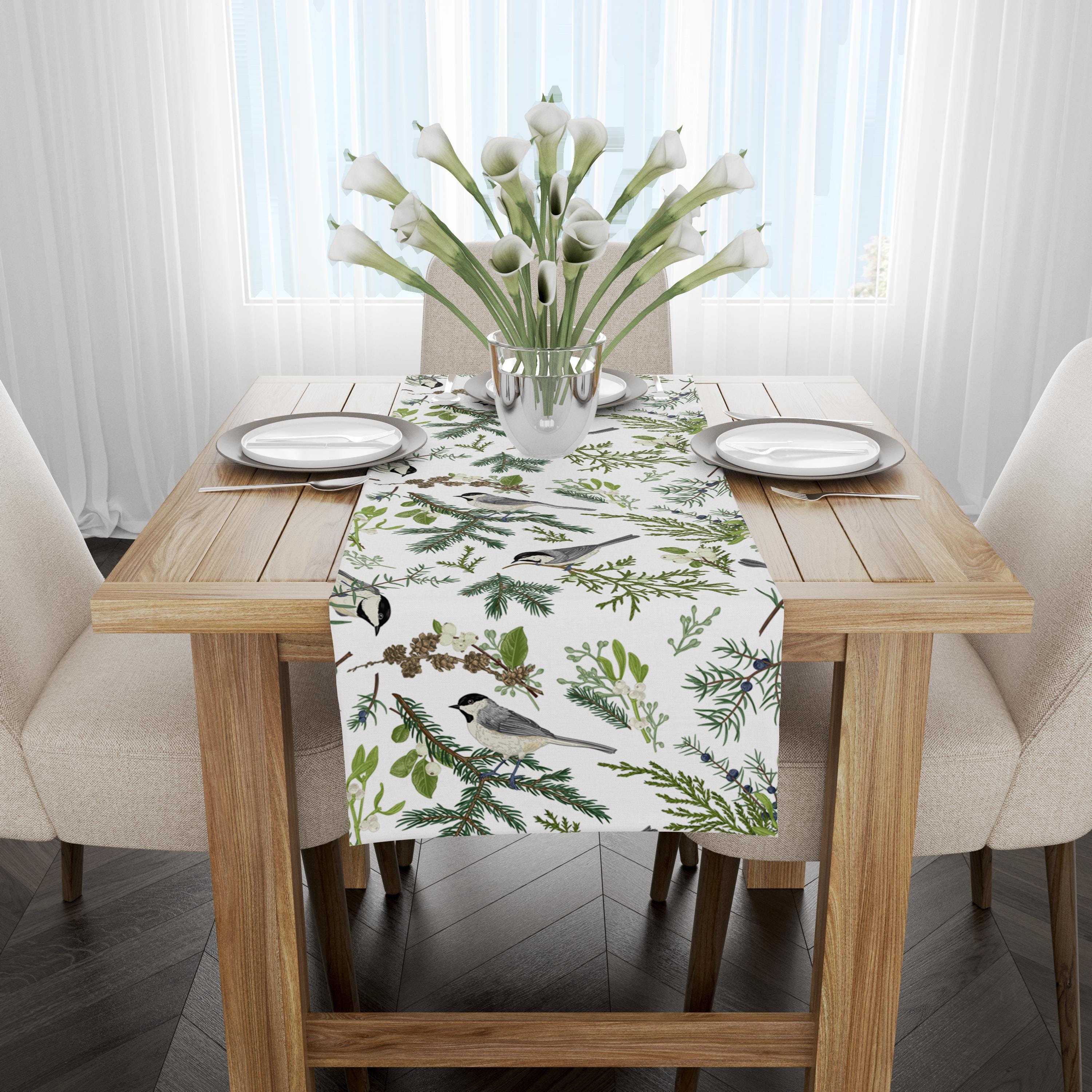Green Winter Holiday Table Runner, Floral Christmas Trees Birds & Deers ...