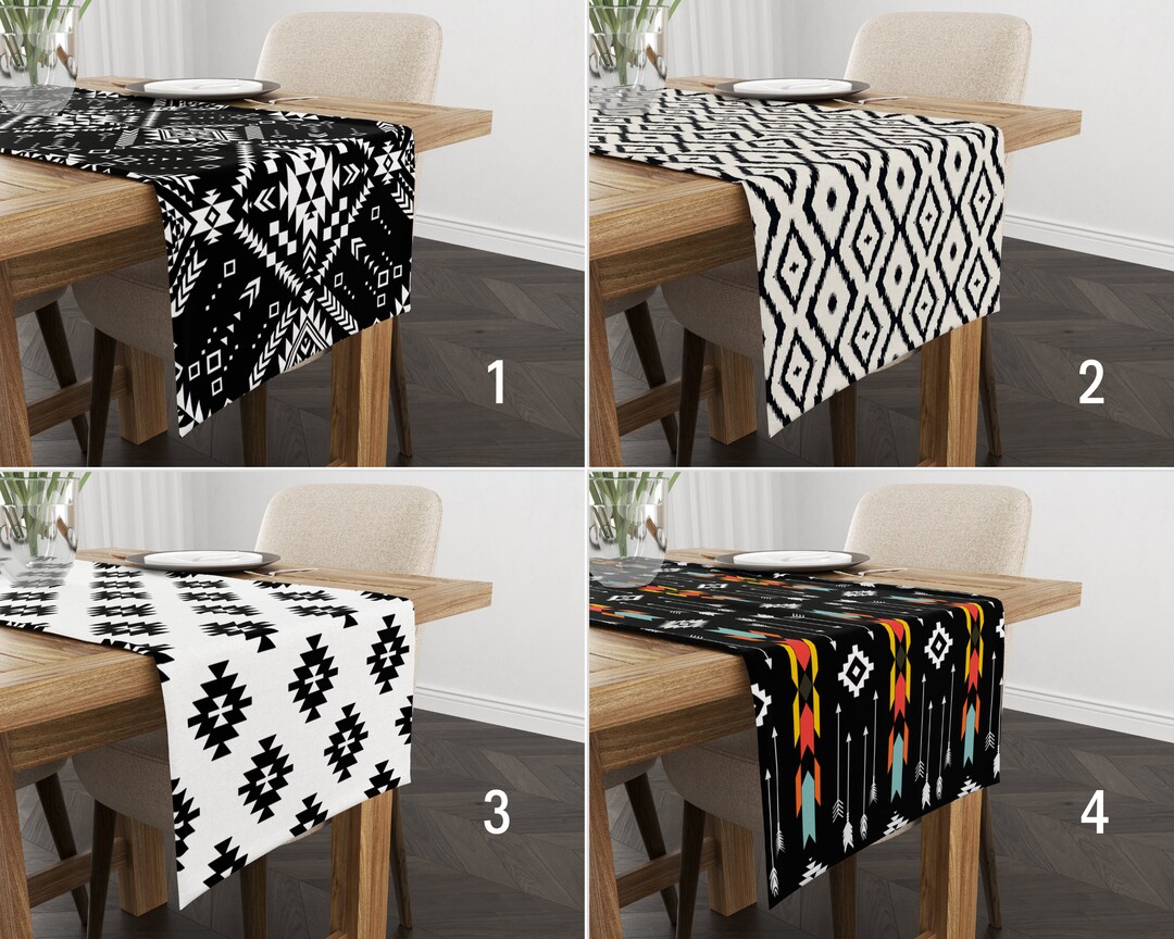 Black Tribal Pattern Runner, Aztec Motif Table Runner, Geometric Boho ...