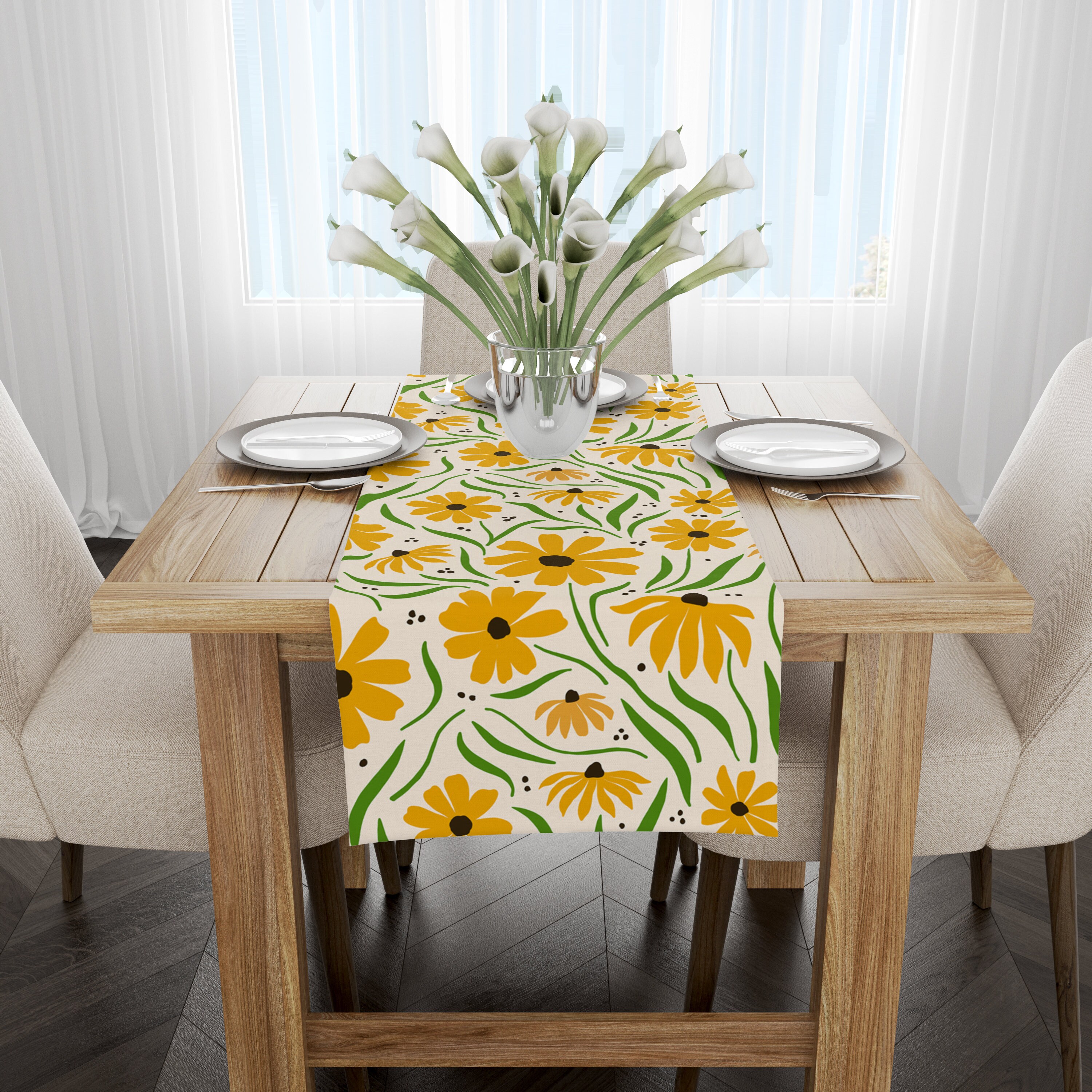 Yellow Flowers Table Runner, Floral Pattern Kitchen Runner, Sunflower ...