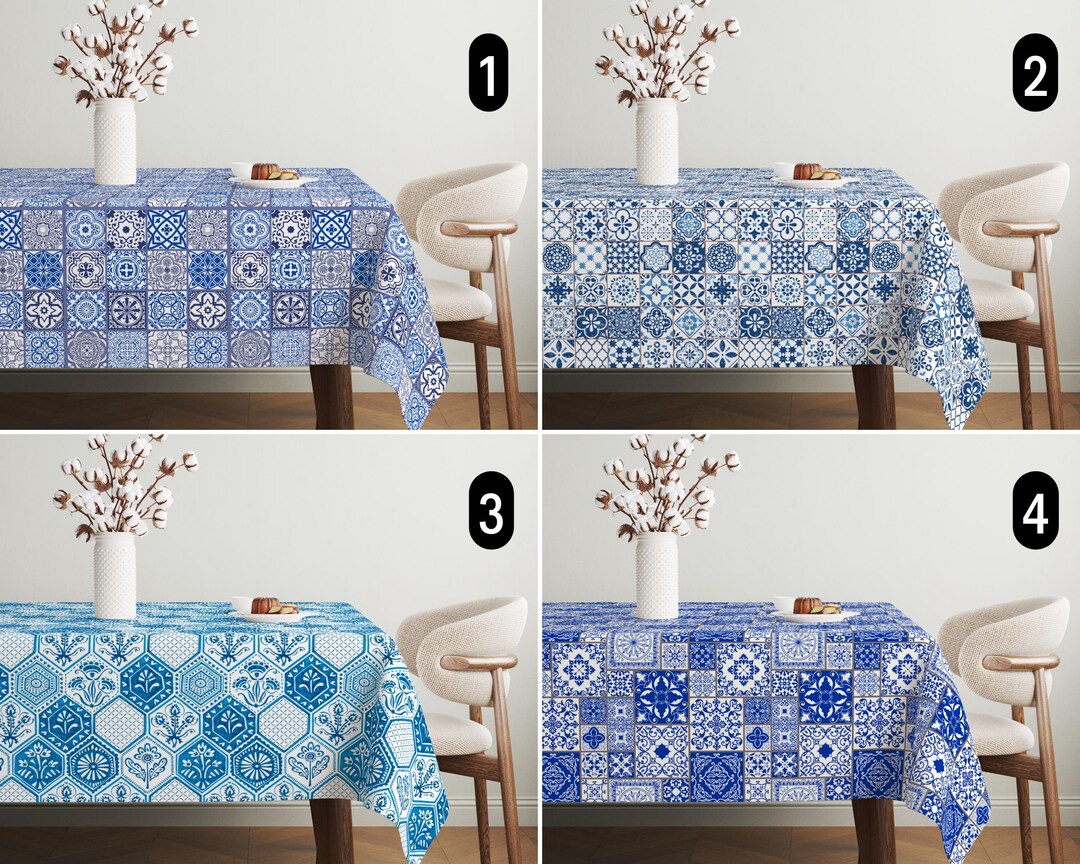 Blue Vintage Tiles Tablecloth, Mediterranean Italian Spanish Portuguese ...