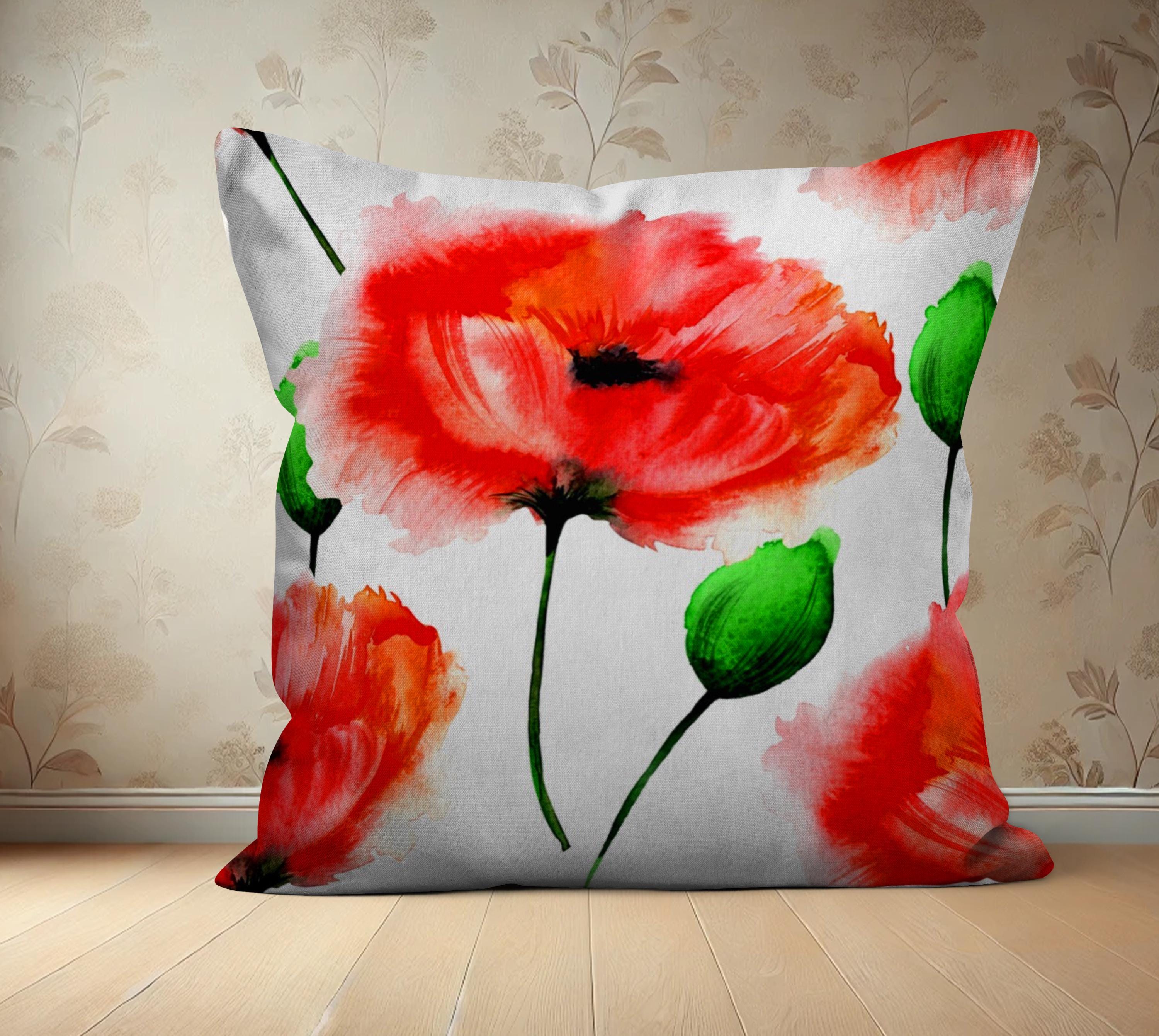 Poppy Flowers Throw Pillow Case, Floral Red Poppies Design Cushion ...