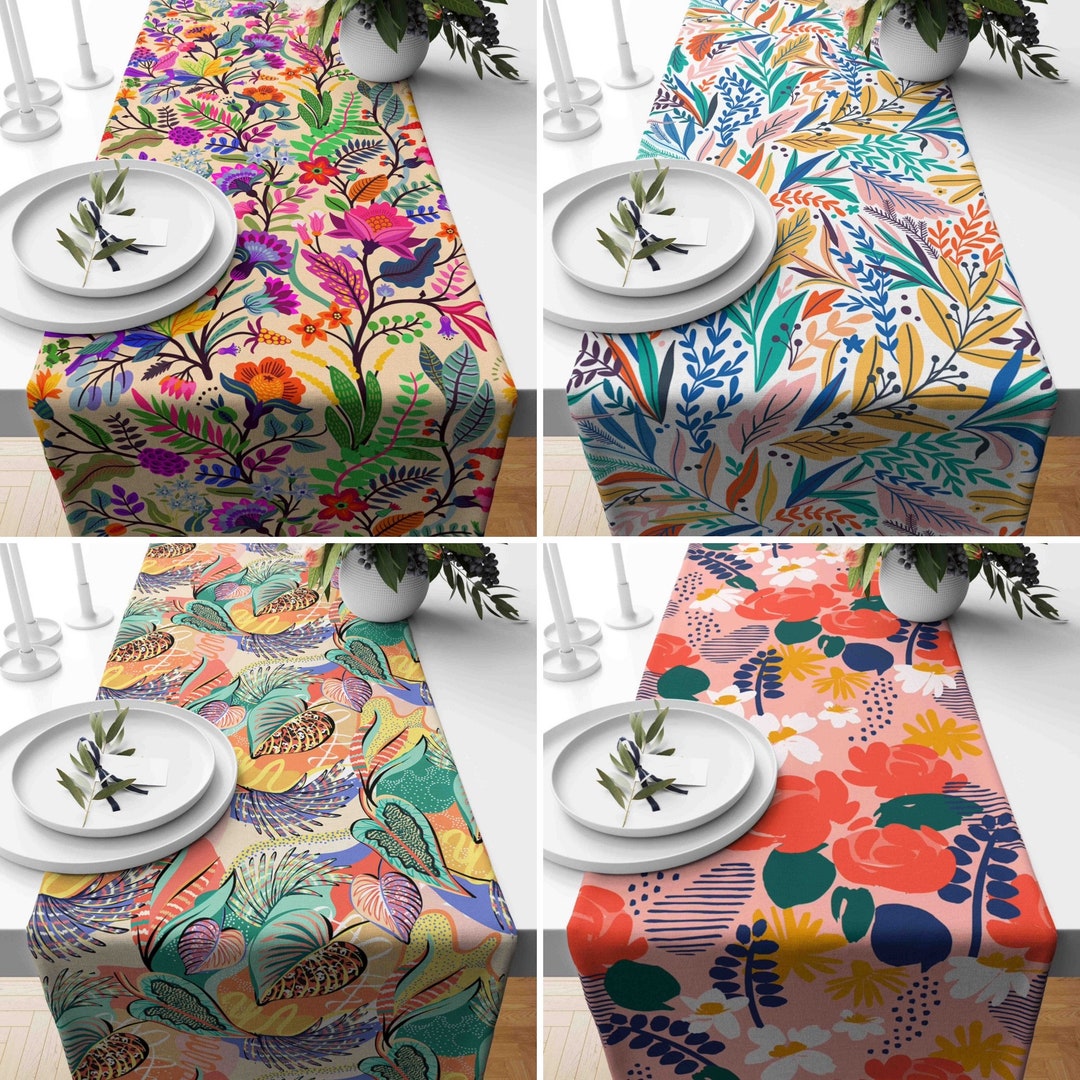 Colorful Flowers & Leaves Table Runner, Vivid Floral Kitchen Runner ...