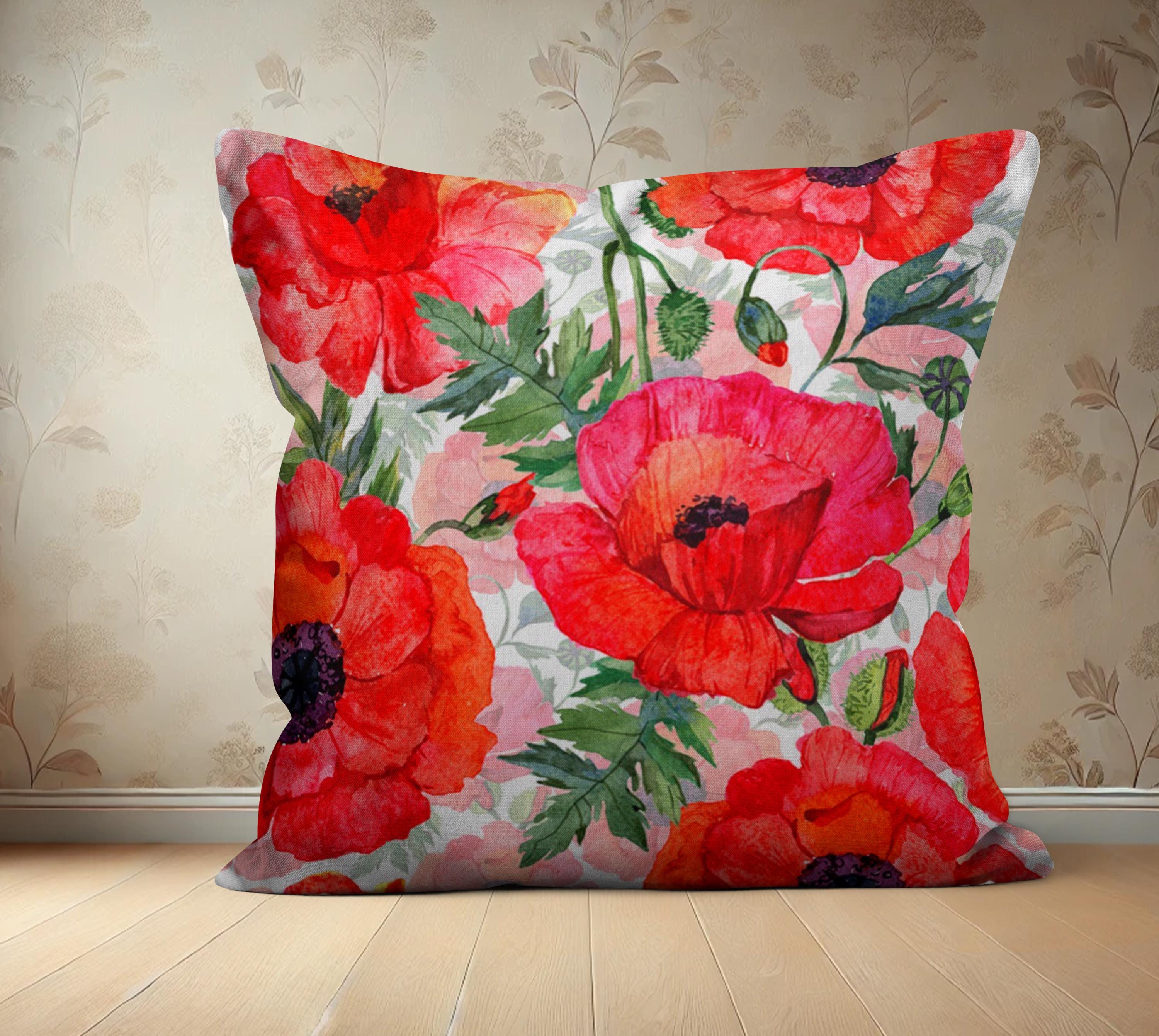 Poppy Flowers Throw Pillow Case, Floral Red Poppies Design Cushion ...