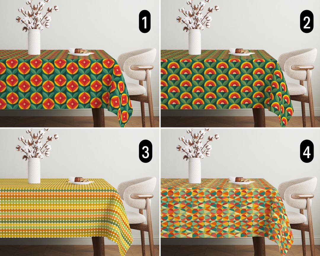 Retro Boho 70s Style Tablecloth, Abstract Mid Century Modern Tablecloth ...