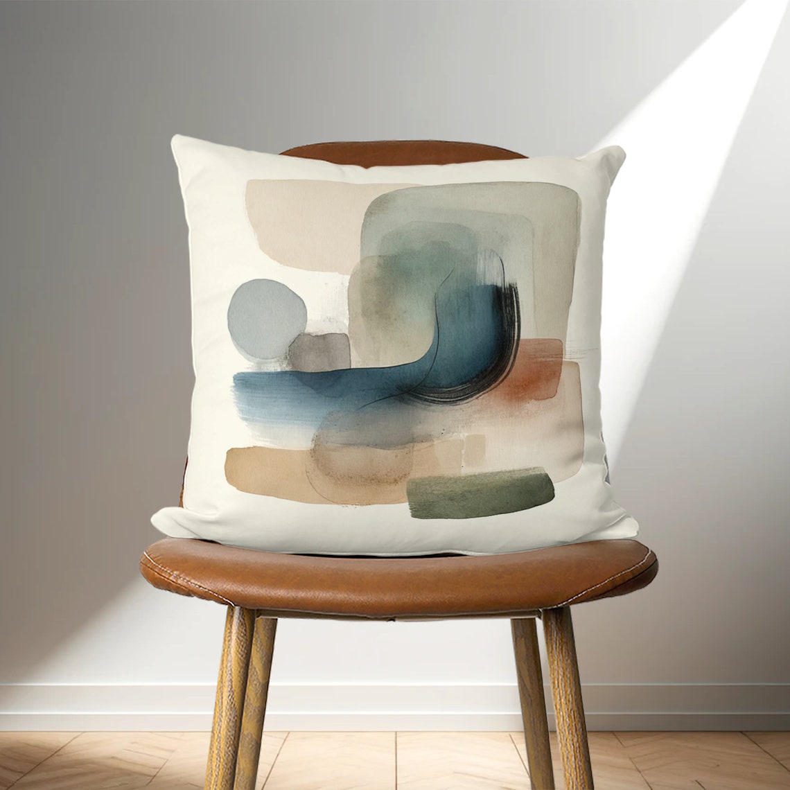Abstract Watercolor Painting Pillow Case, Pastel Blue Beige Modern ...