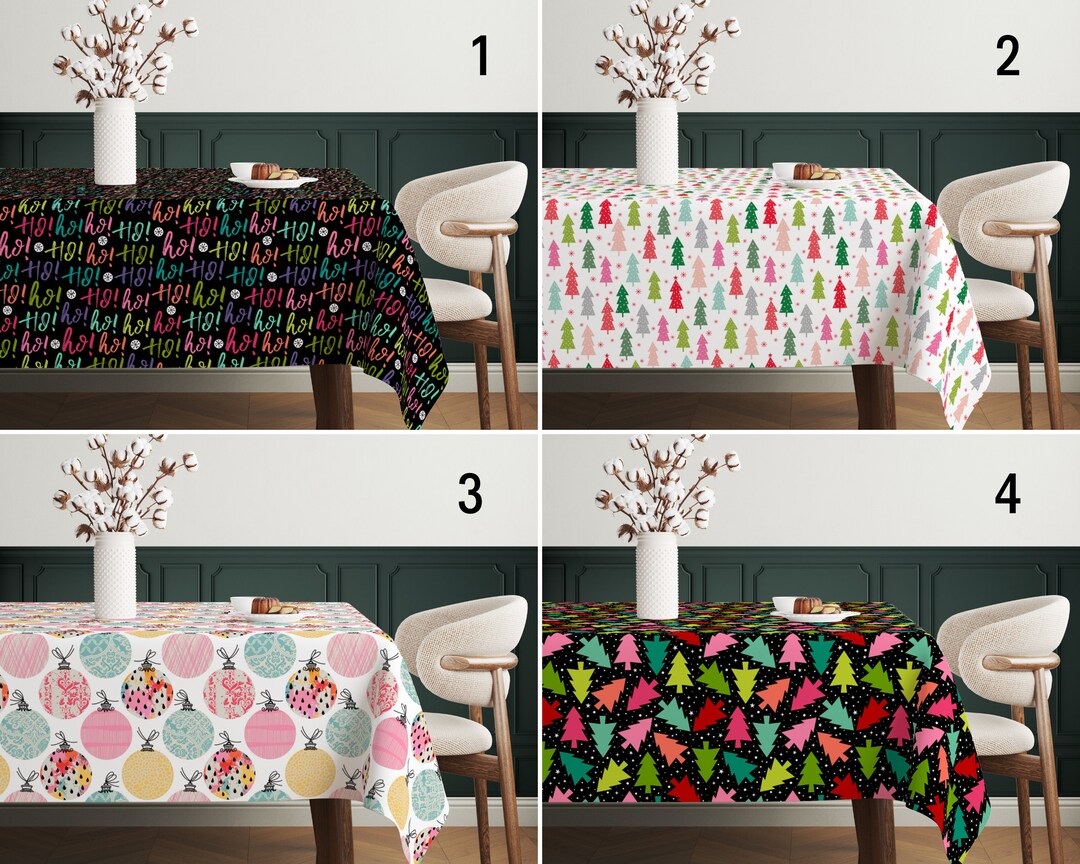 Colorful Merry Christmas Tablecloth, Pine Trees & Ornament Balls ...