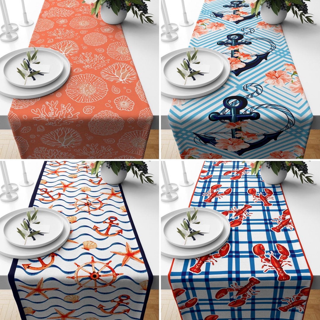 Nautical Sea Life Runner, Coral Anchor Table Runner, Marine Tablecloth ...