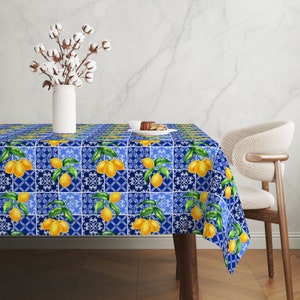 Italian Tile & Lemon Tablecloth, Blue Yellow Fresh Summer Tablecloth ...