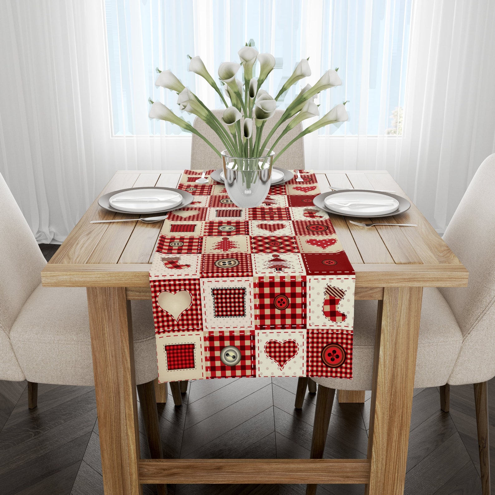 Red Christmas Table Runner, Snowflake Design Runner, Red Xmas Kitchen ...