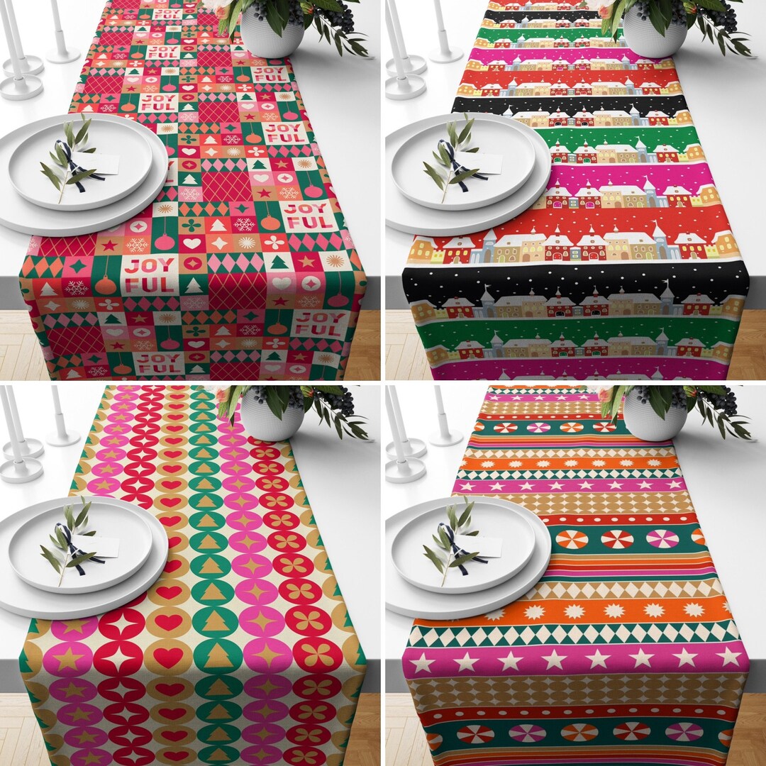 Joyful Christmas & Winter Table Runner, Pink Green Holiday Runner ...