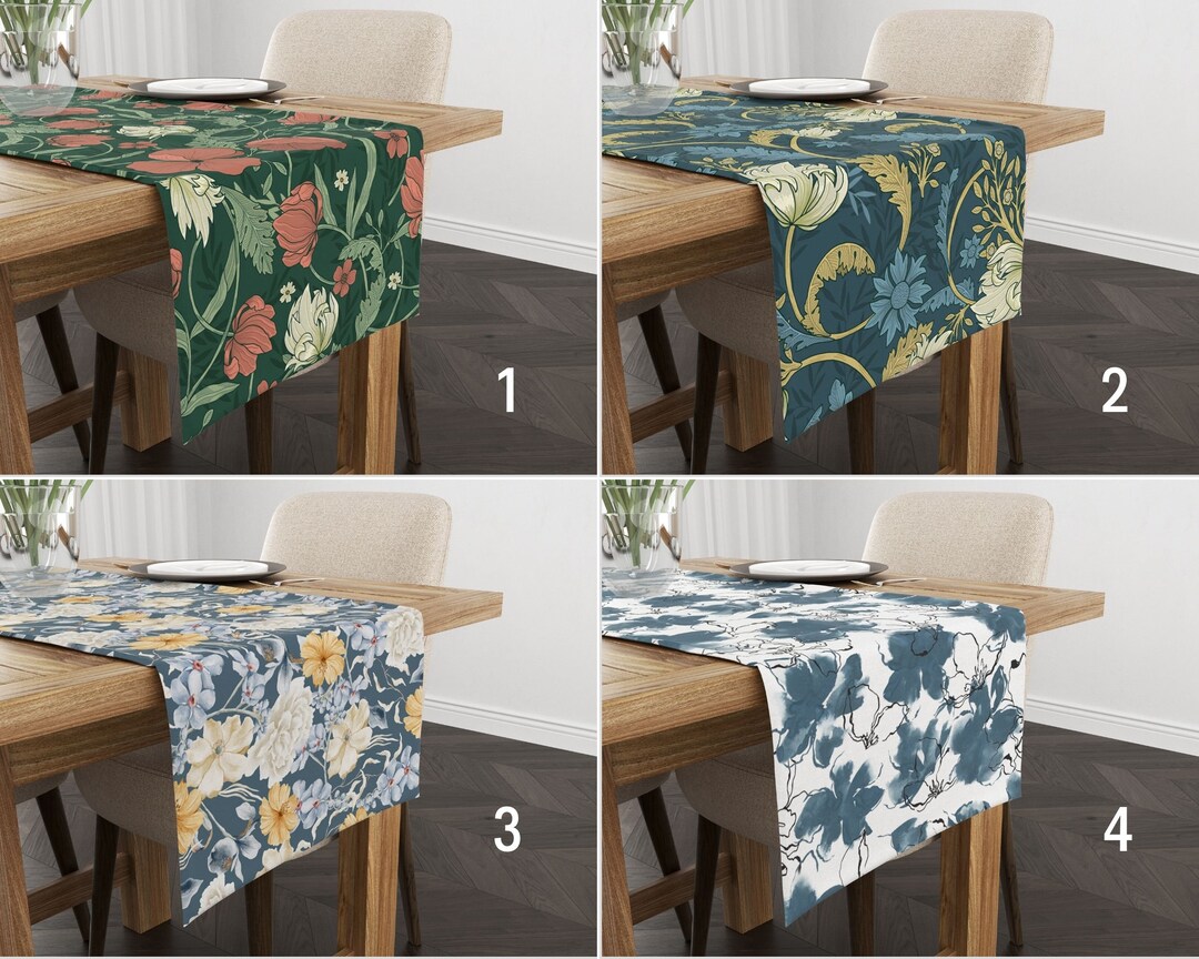 Floral Boho Table Runner, Flower Pattern Kitchen Runner, Blue & Green ...