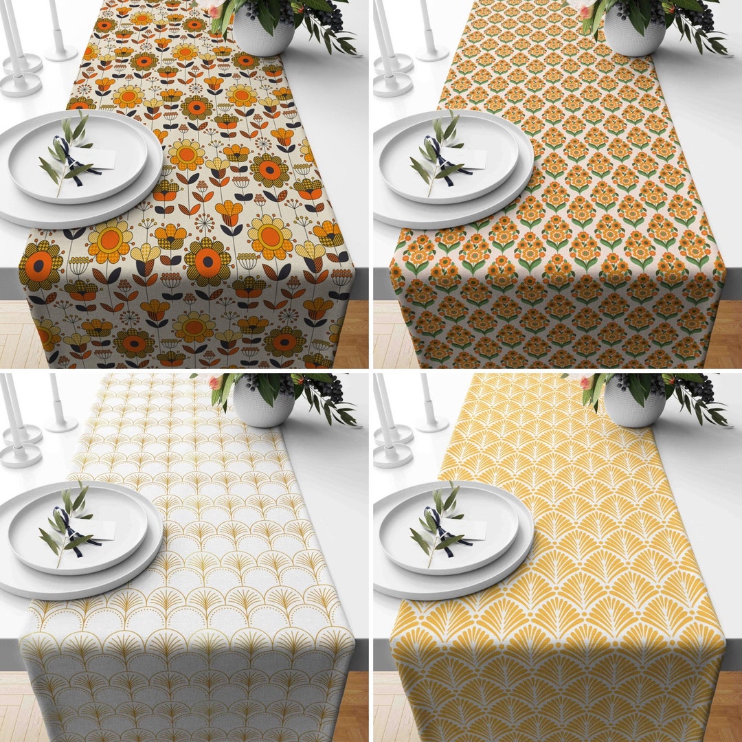 Art Deco Pattern Runner, Retro Flowers Table Kitchen Runner, Orange ...