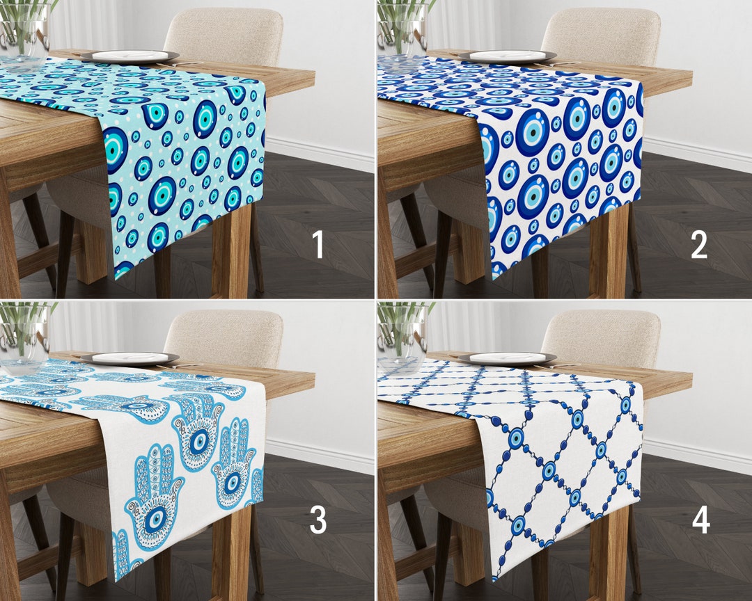 Blue Evil Eye Table Runner, Boho Amulet Runner, Evil Eye Tablecloth ...