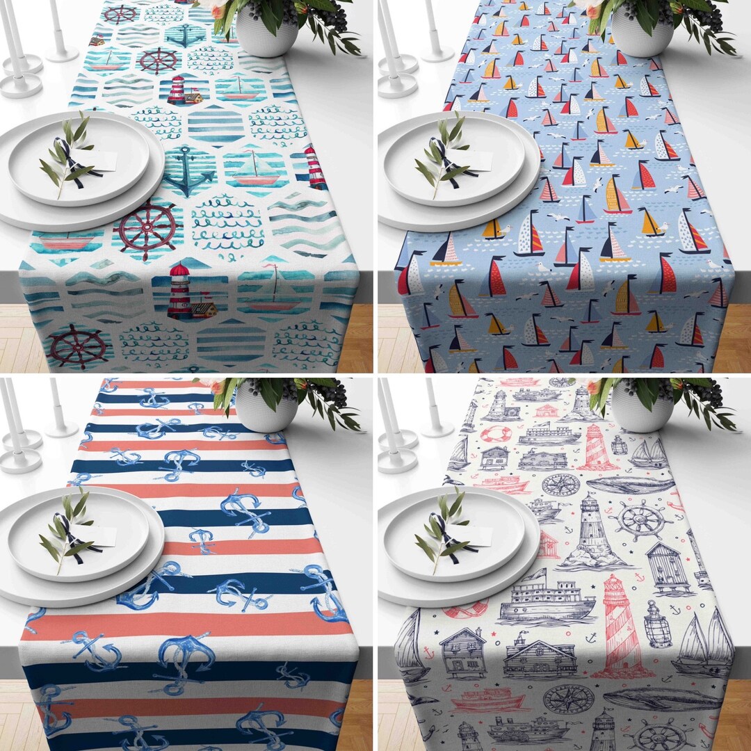Nautical Style Table Runner, Anchor Lighthouse Sailboat Runner, Marine ...