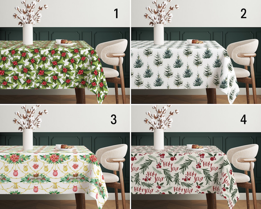 Pine Trees & Red Berries Tablecloth, Christmas Holly Jolly Tablecloth ...