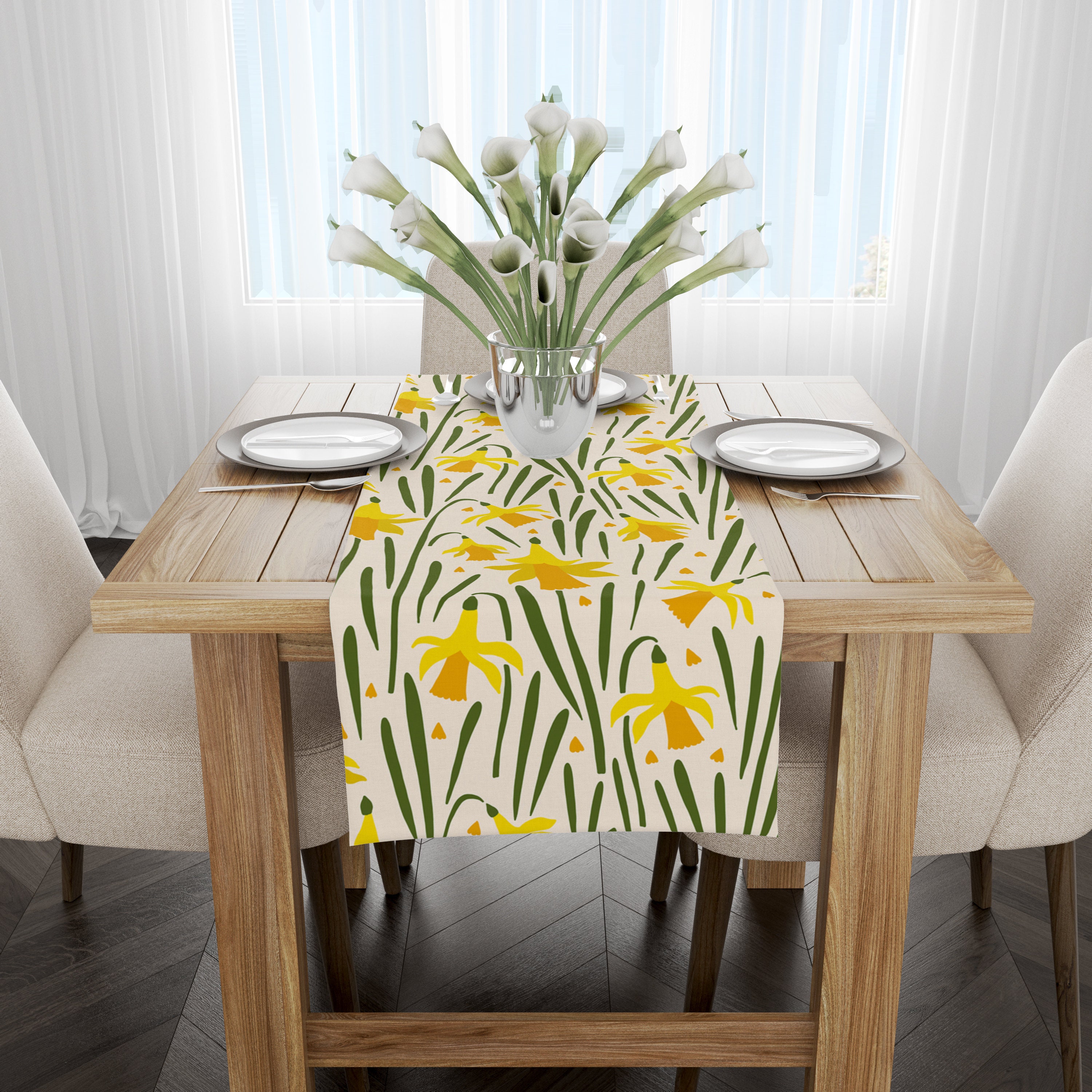 Yellow Flowers Table Runner, Floral Pattern Kitchen Runner, Sunflower ...