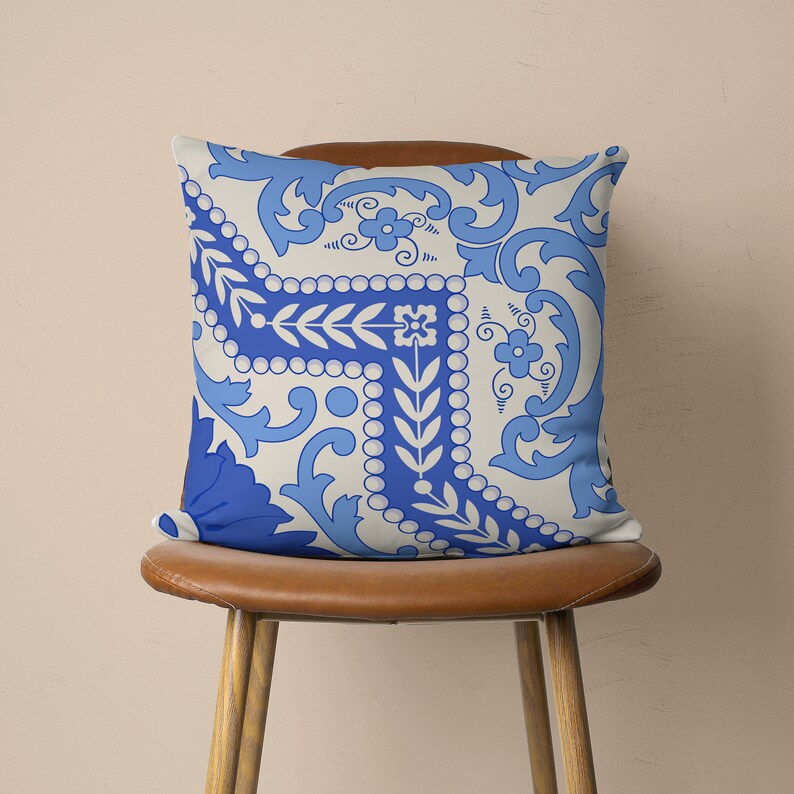 Blue Tile Pattern Pillow Cover, Spanish Tile Style Pillow Case, Ethnic ...
