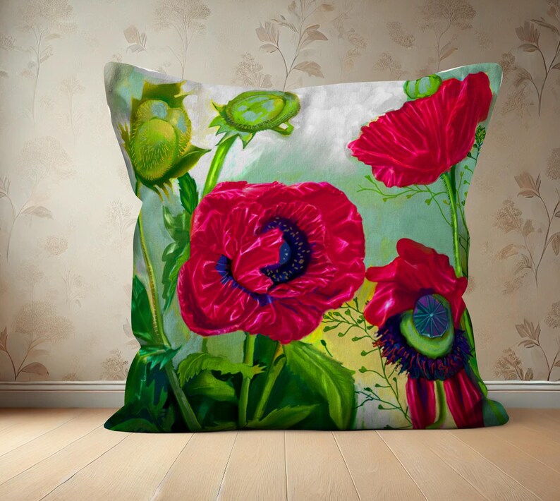 Poppy Flowers Throw Pillow Case, Floral Red Poppies Design Cushion ...