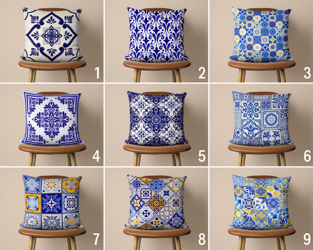Blue Tile Pattern Throw Pillow Cover, Spanish Italian Style Tile Blue ...