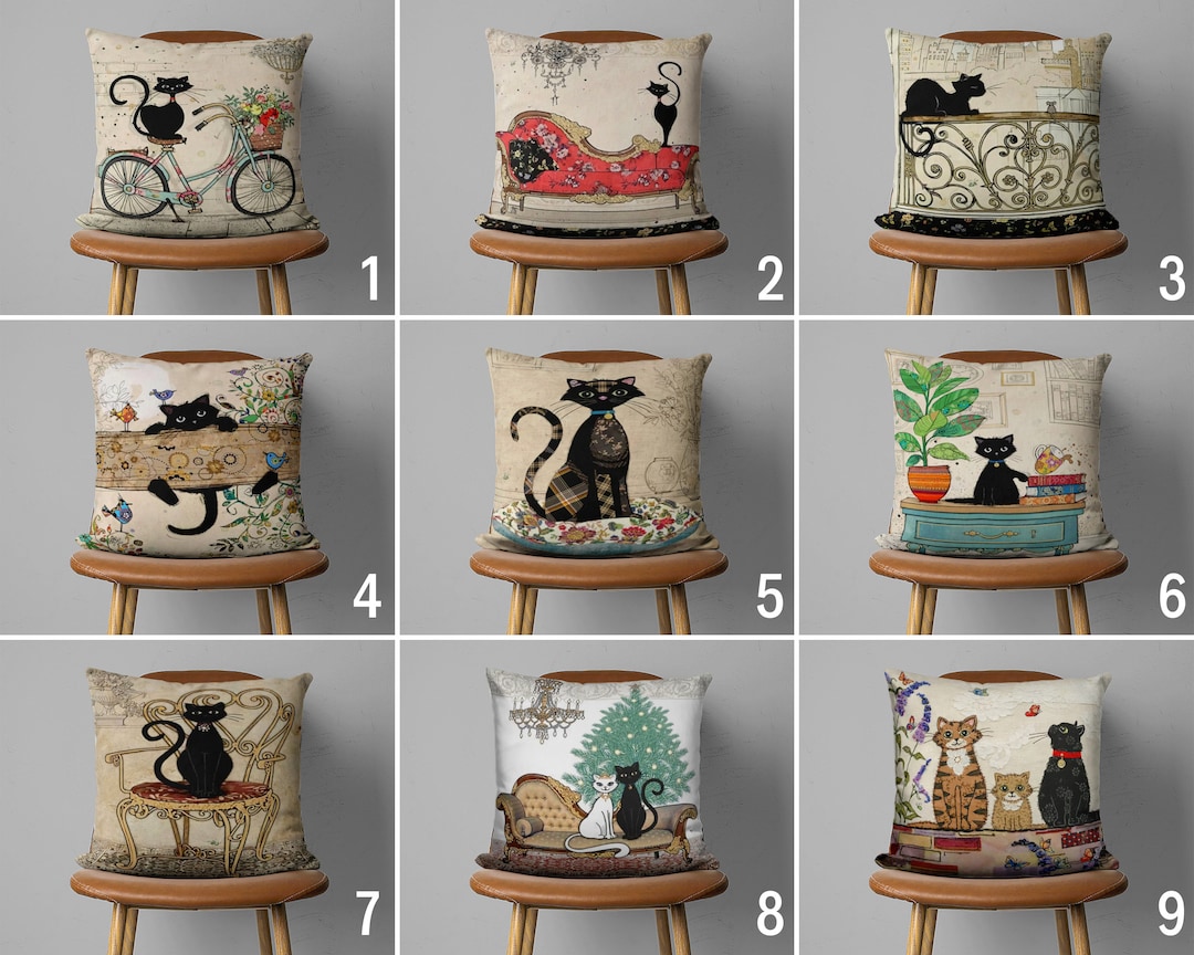 Black Cat Illustration Pillow Cover, Animal Cushion Cover, Funny Cute ...