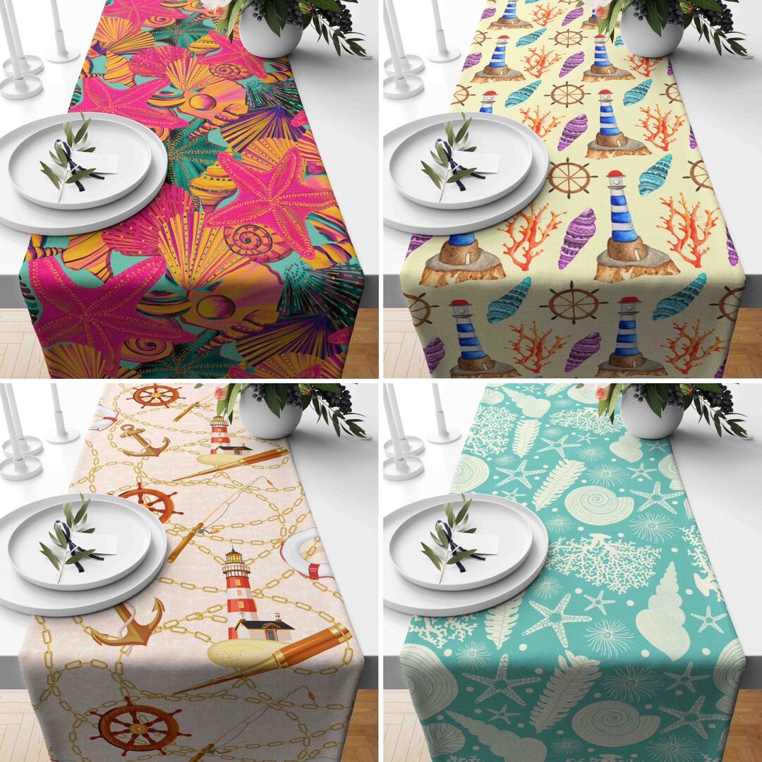Sea Creatures & Lighthouse Runner, Marine Table Runner, Coastal ...