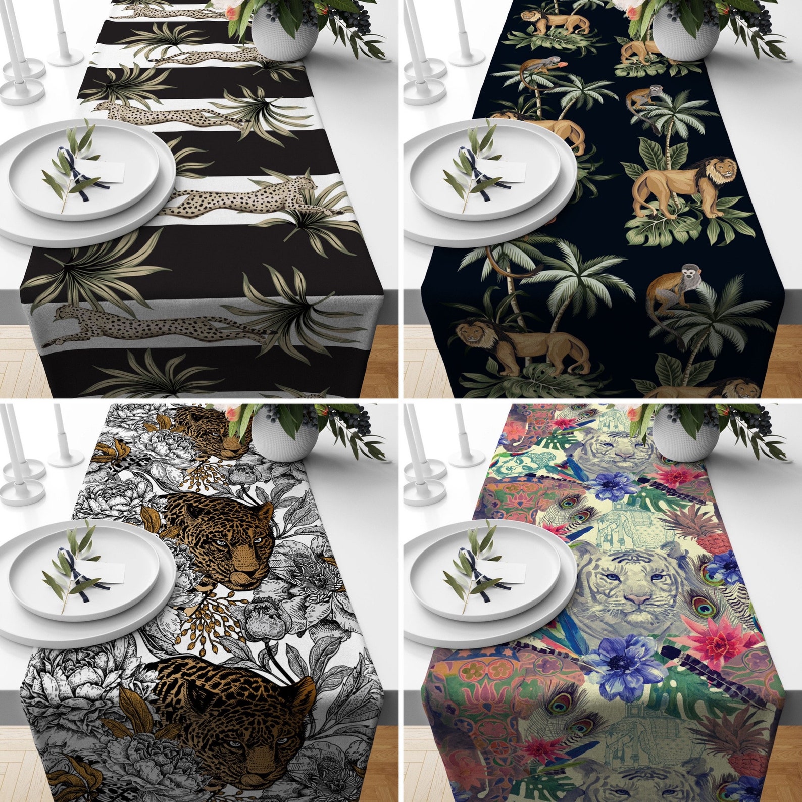 Animals Table Runner, Black & White Kitchen Runners, Safari Nature ...