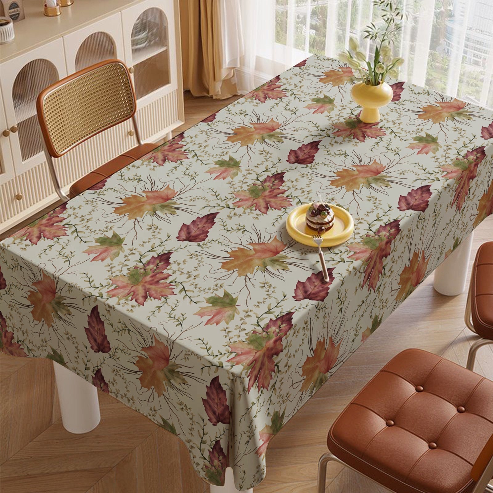 Fall Design Tablecloth, Autumn Leaves & Flowers Tablecloth, Dining Room ...