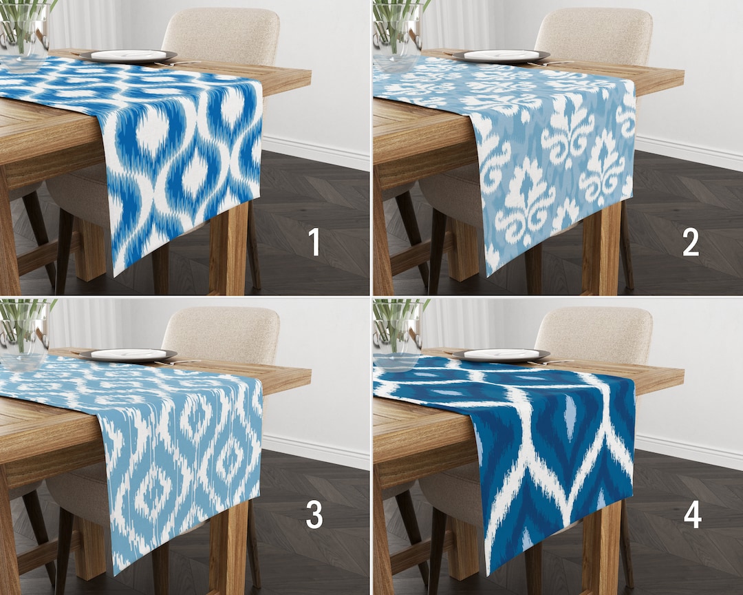 Blue Ikat Design Runner, Geometric Authentic Coffee Table Runner, Ikat ...