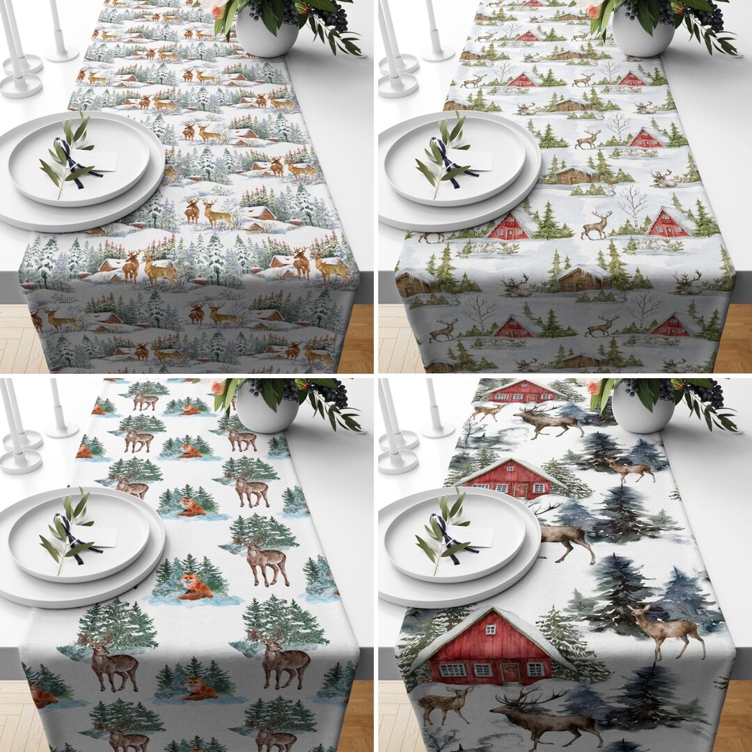 Deers in Snow Table Runner, Winter Forest Woodland Kitchen Runner ...