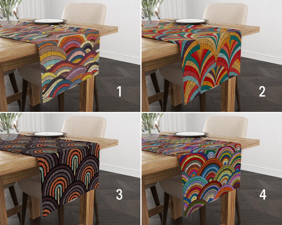 Boho Art Deco Style Table Runner, Digital Print Embroidery Fan Pattern ...