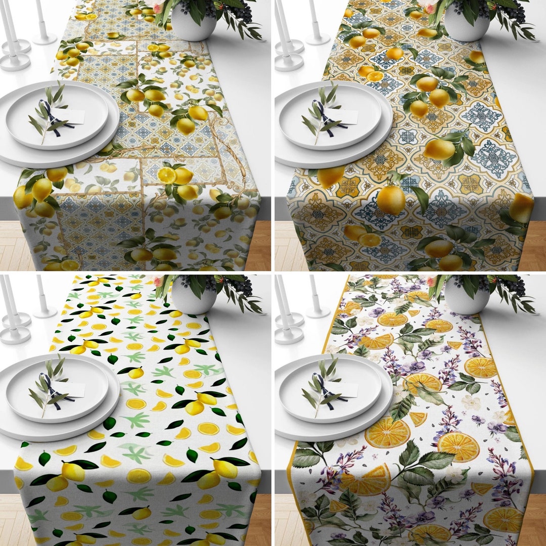 Lemons Table Runner, Mediterranean Runner, Lemon & Tile Tablecloth ...