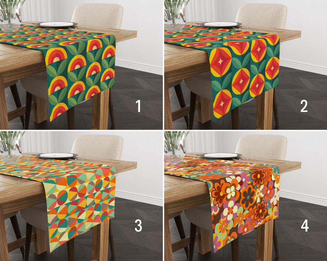 Retro Orange Green Table Runner, Mid Century Modern Floral Boho Vibrant ...
