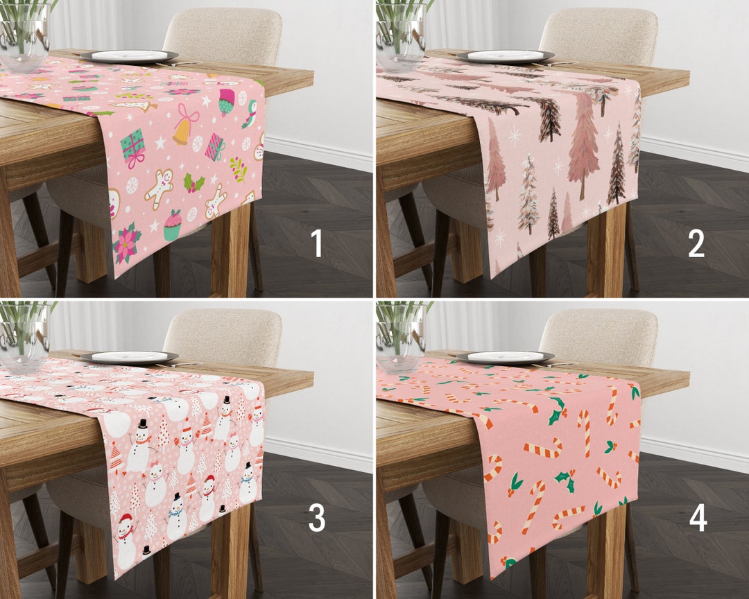 Cute Pink Christmas Table Runner, Joyful Winter Holiday Runner, Snowman ...