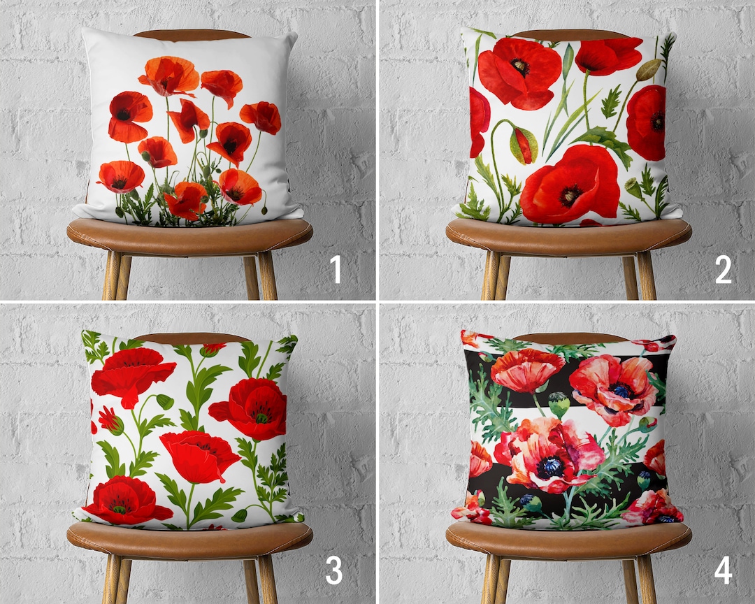 Poppy Throw Pillow Cover, Red Poppy Flowers Cushion Cover, Floral Vivid ...