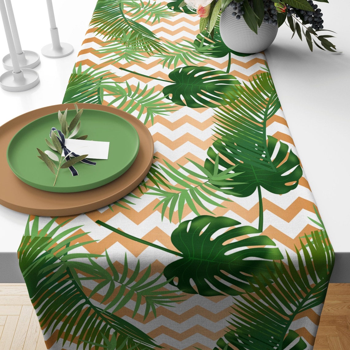 Floral Leaves Table Runner, Green Kitchen Runner, Monstera Tablecloth ...