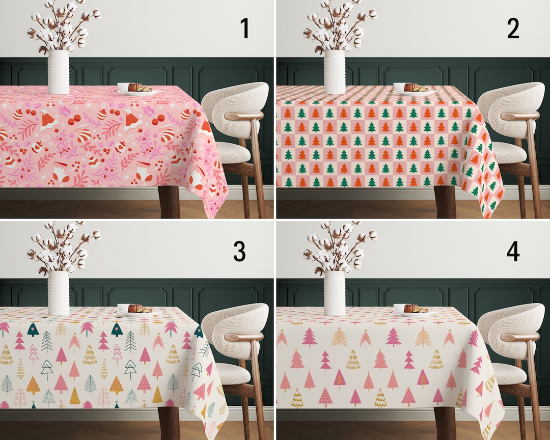 Pink Christmas Tree Tablecloth, Cute Winter Tablecloth, Pine Tree ...