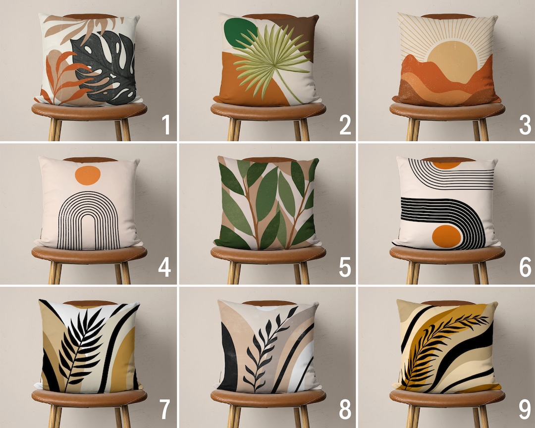 Boho Abstract Pillow Case, Leaves Rainbows Pillow Cover, Mid Century ...