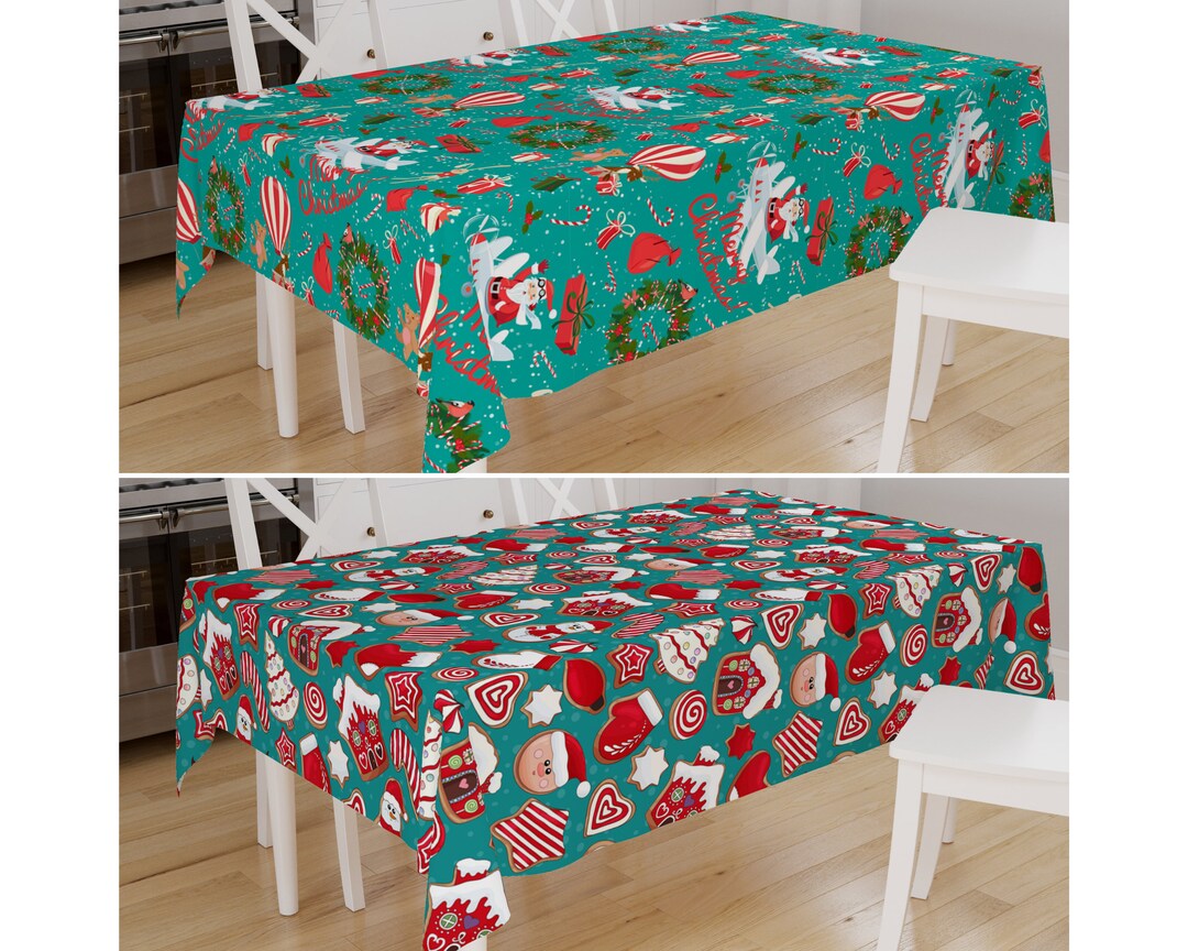 Red & Teal Blue Christmas Tablecloth, Festive Noel Tablecloth, Joyful ...