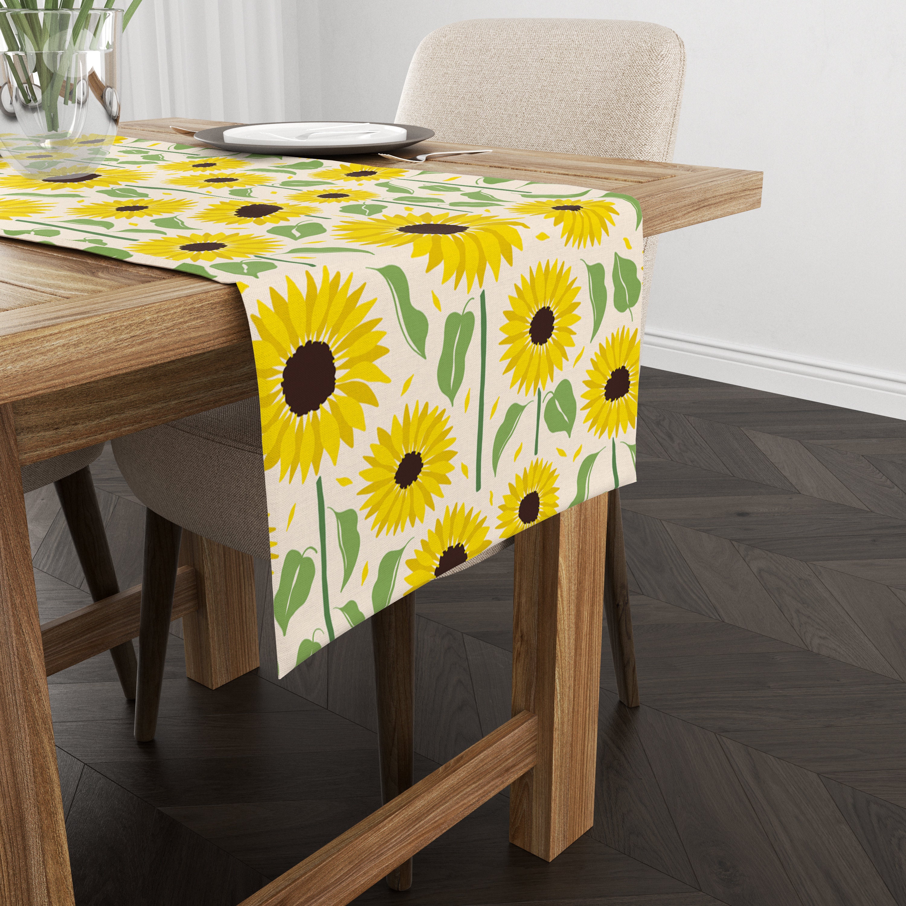 Yellow Flowers Table Runner, Floral Pattern Kitchen Runner, Sunflower ...