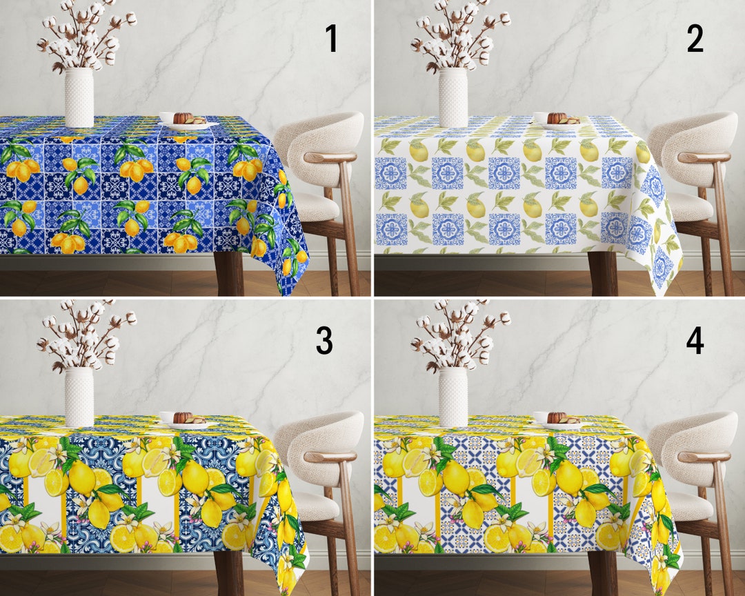 Italian Tile & Lemon Tablecloth, Blue Yellow Fresh Summer Tablecloth ...