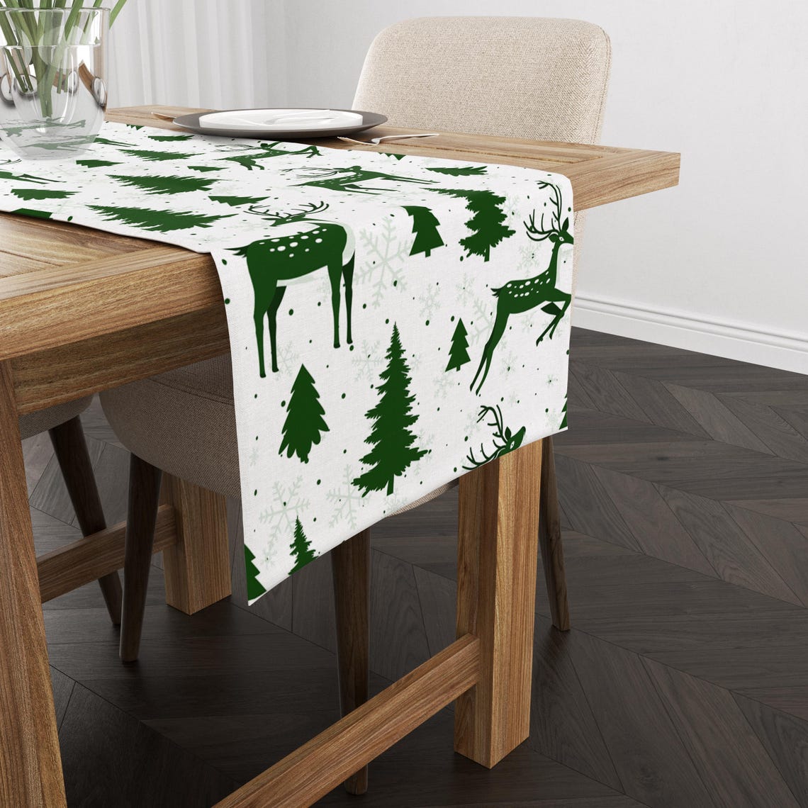 Green Winter Holiday Table Runner, Floral Christmas Trees Birds & Deers ...