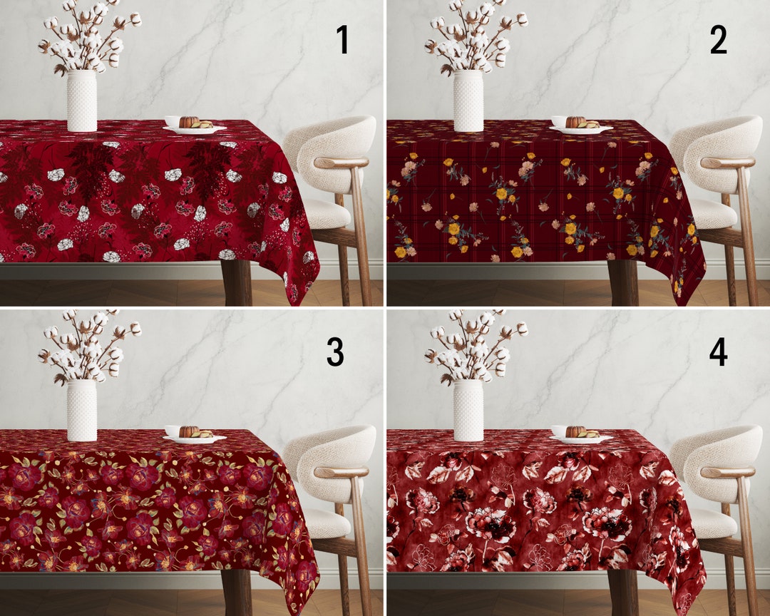 Burgundy Flower Design Tablecloth, Claret Red Floral Pattern Dining ...
